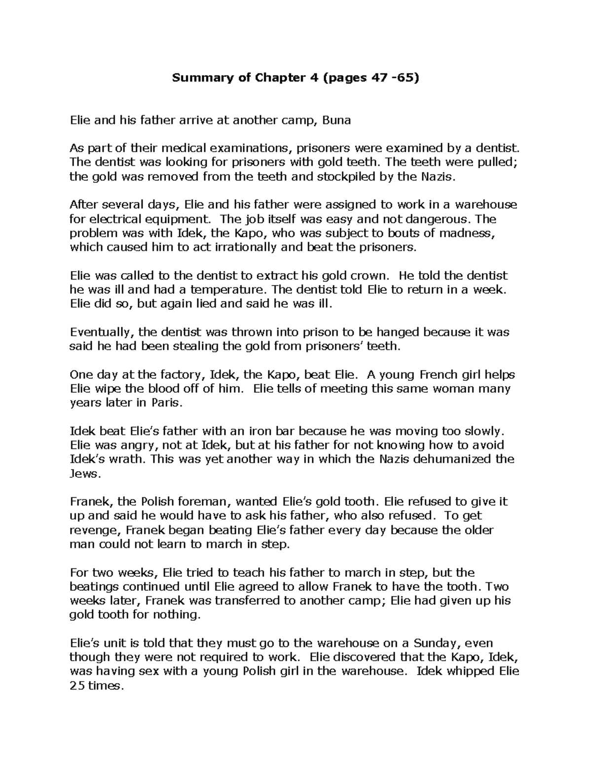 Recap Night 47 to 65 - Summary of Chapter 4 (pages 47 -65) Elie and his ...