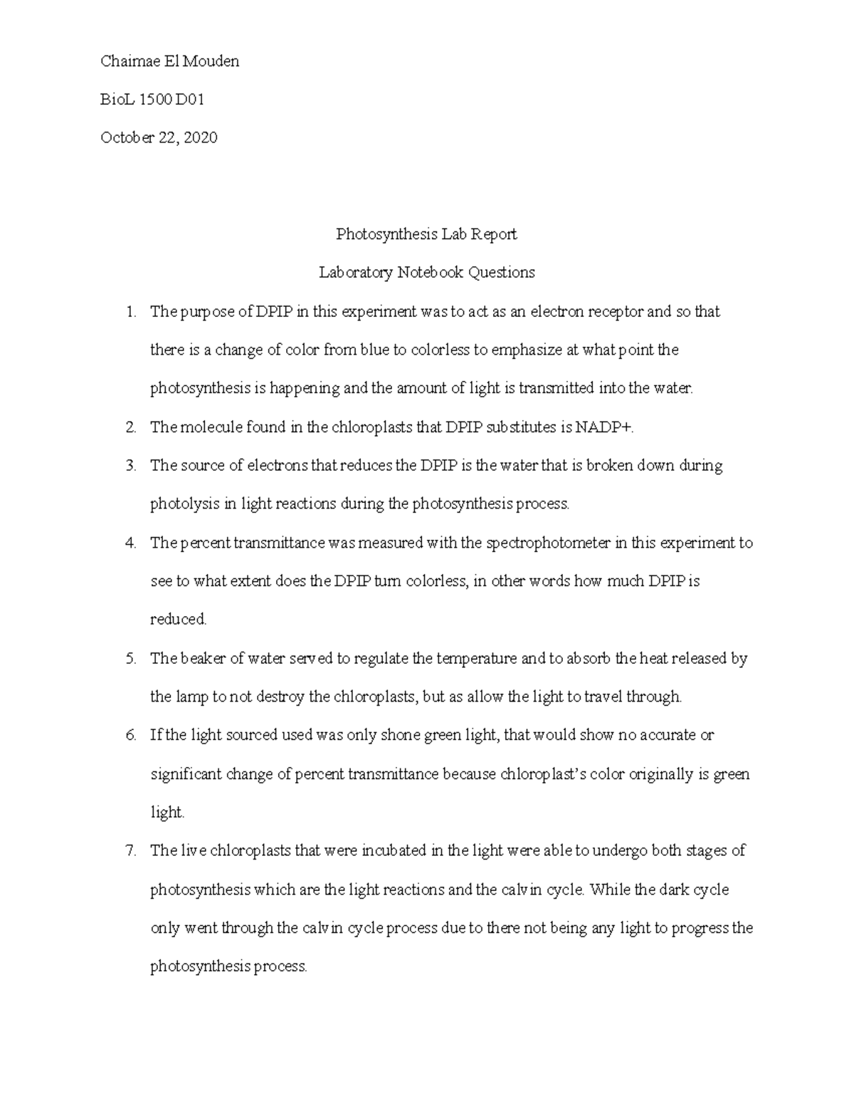 Photosynthesis Report - BioL 1500 D October 22, 2020 Photosynthesis Lab ...