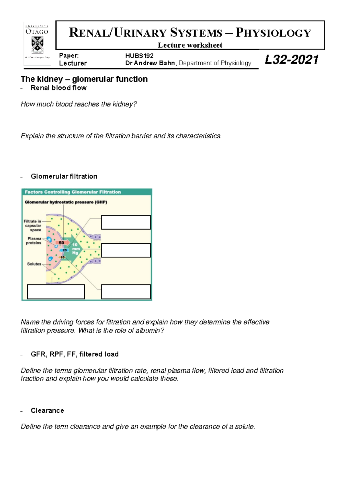 HUBS192 Lecture 32 Renal-Urinary Systems-worksheet 2021 - The kidney ...
