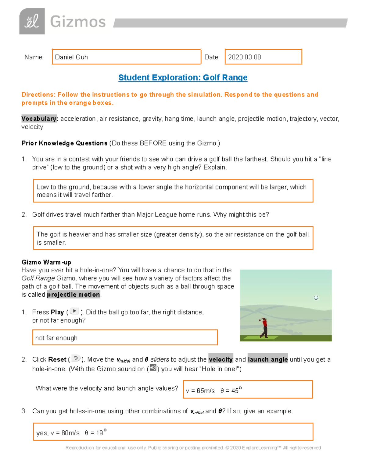 Daniel - Golf Range SE - Gizmos lab answer key - Name: Daniel Guh Date ...