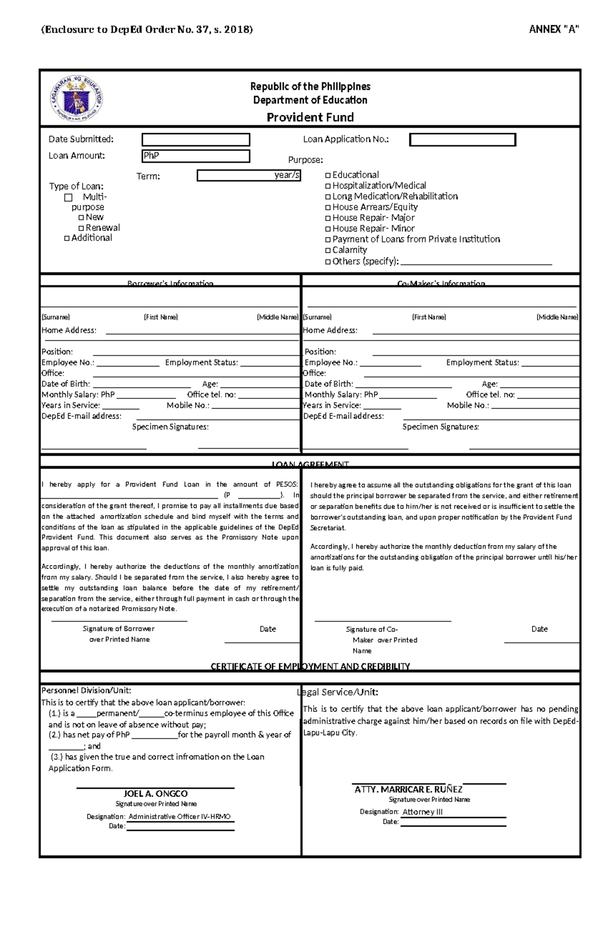 Provident Loan Application form - JOEL A. ONGCO Signature over Printed ...