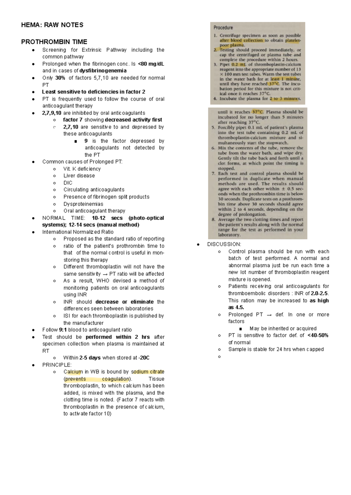 HEMA- Notes - HEMA: RAW NOTES PROTHROMBIN TIME Screening for Extrinsic ...