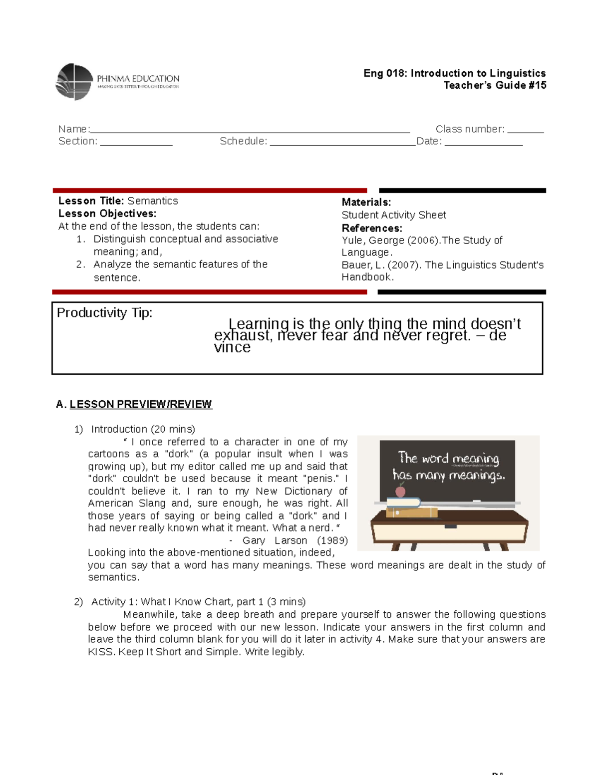 Module 15 ENG 018 - n/a - Name: Class number: Section: Schedule: Date: Lesson Title: Semantics ...