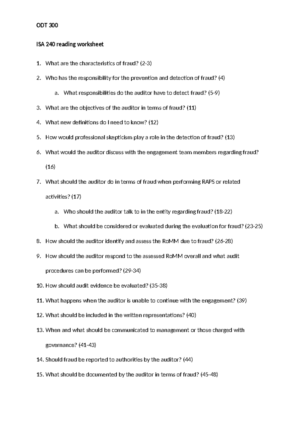 ISA 240 reading worksheet - Tagged - ODT 300 ISA 240 reading worksheet ...
