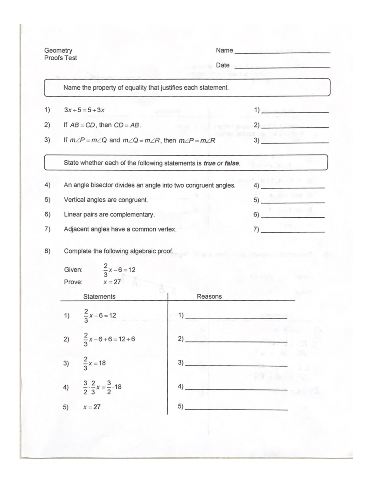 Geometry proofs - Geometry Name Proofs Test Date Name the property of ...