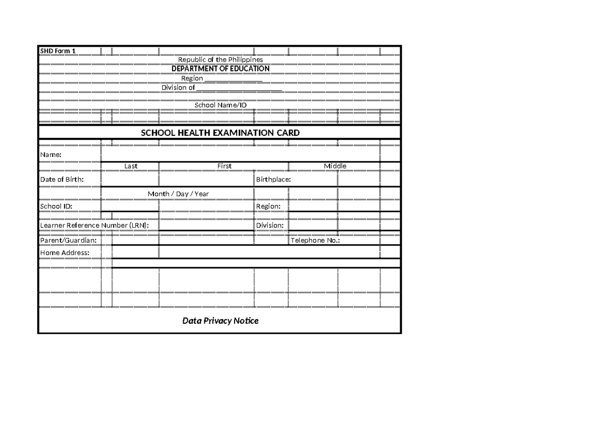 New Health Examination Card - SHD Form 1 Republic of the Philippines ...