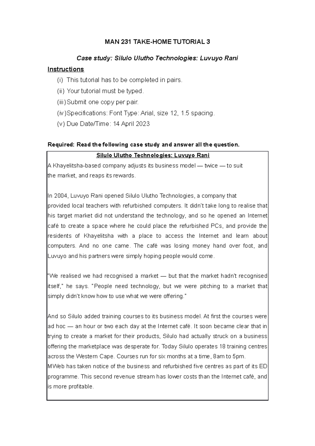 MAN 231 Take-Home Tutorial 3 questions - MAN 231 TAKE-HOME TUTORIAL 3 ...