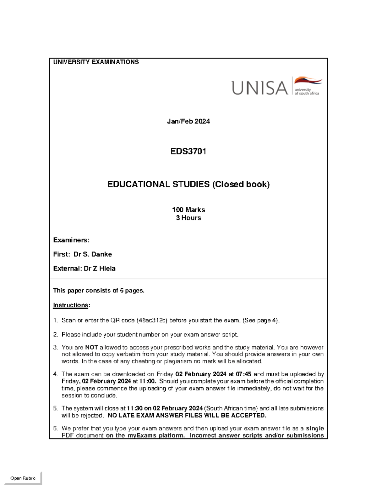EDS3701 JA FEB 2024 - Practical exam - UNIVERSITY EXAMINATIONS Jan/Feb ...