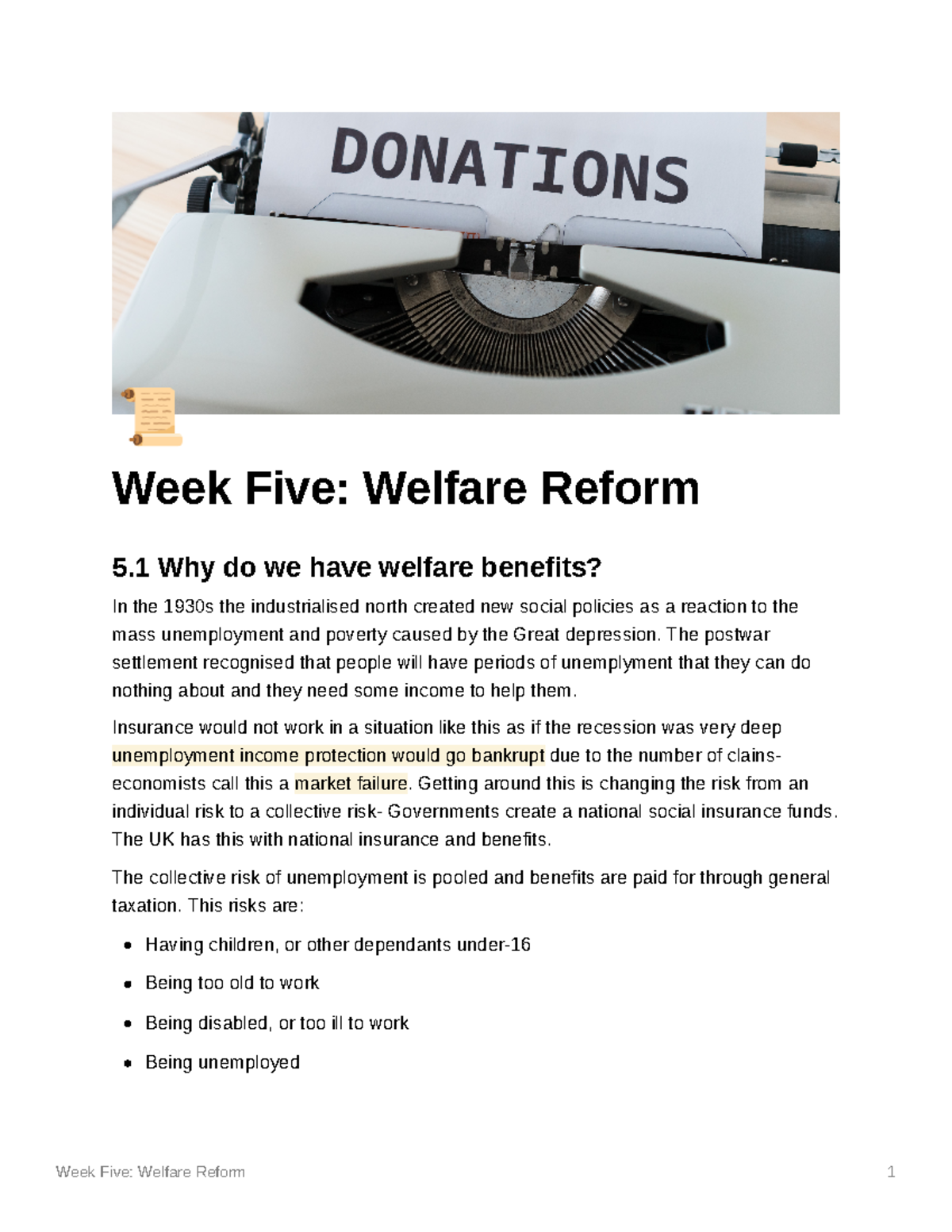 Week Five Welfare Reform- Detailed notes on Understanding Social Policy ...