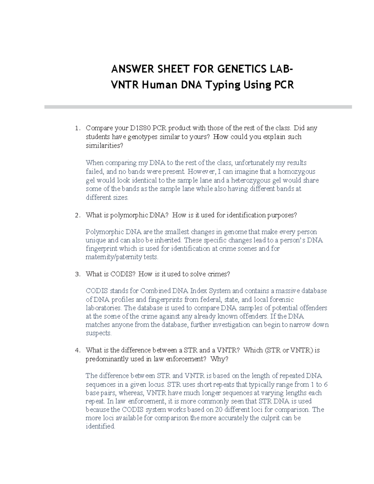 Answer Sheet FOR Genetics LAB-Human DNA Typing - ANSWER SHEET FOR ...
