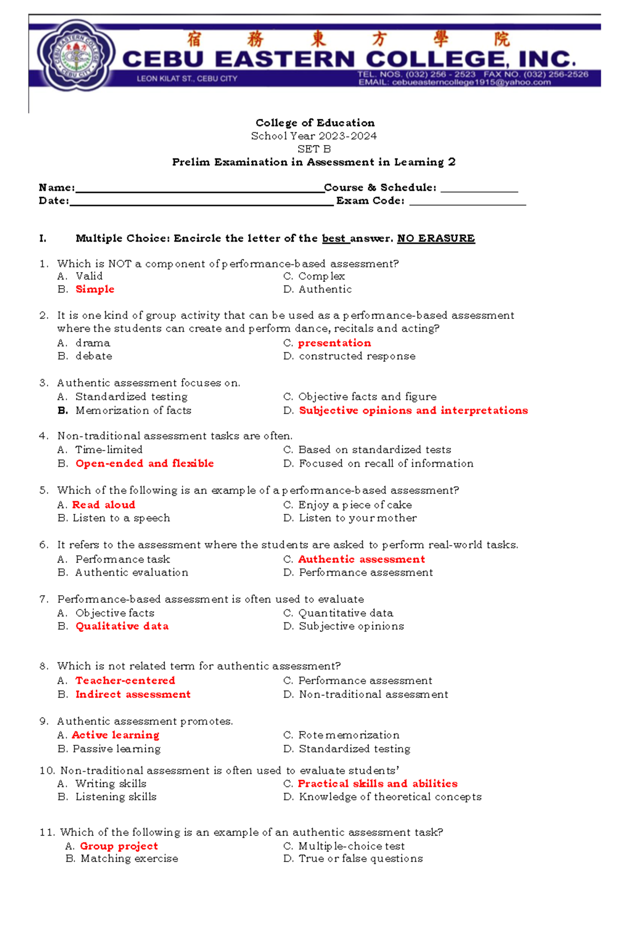 Major Exams PCK6 Prelim - College of Education School Year 202 3 - 2024 ...