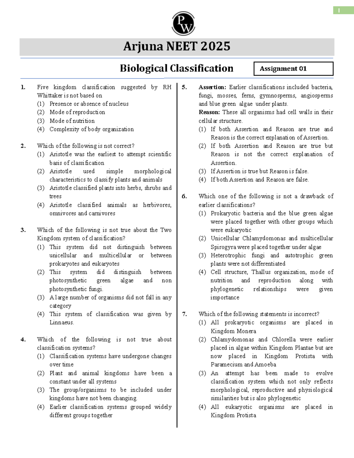 Biological Classification Assignment 01 Arjuna NEET 2025 - Arjuna NEET ...