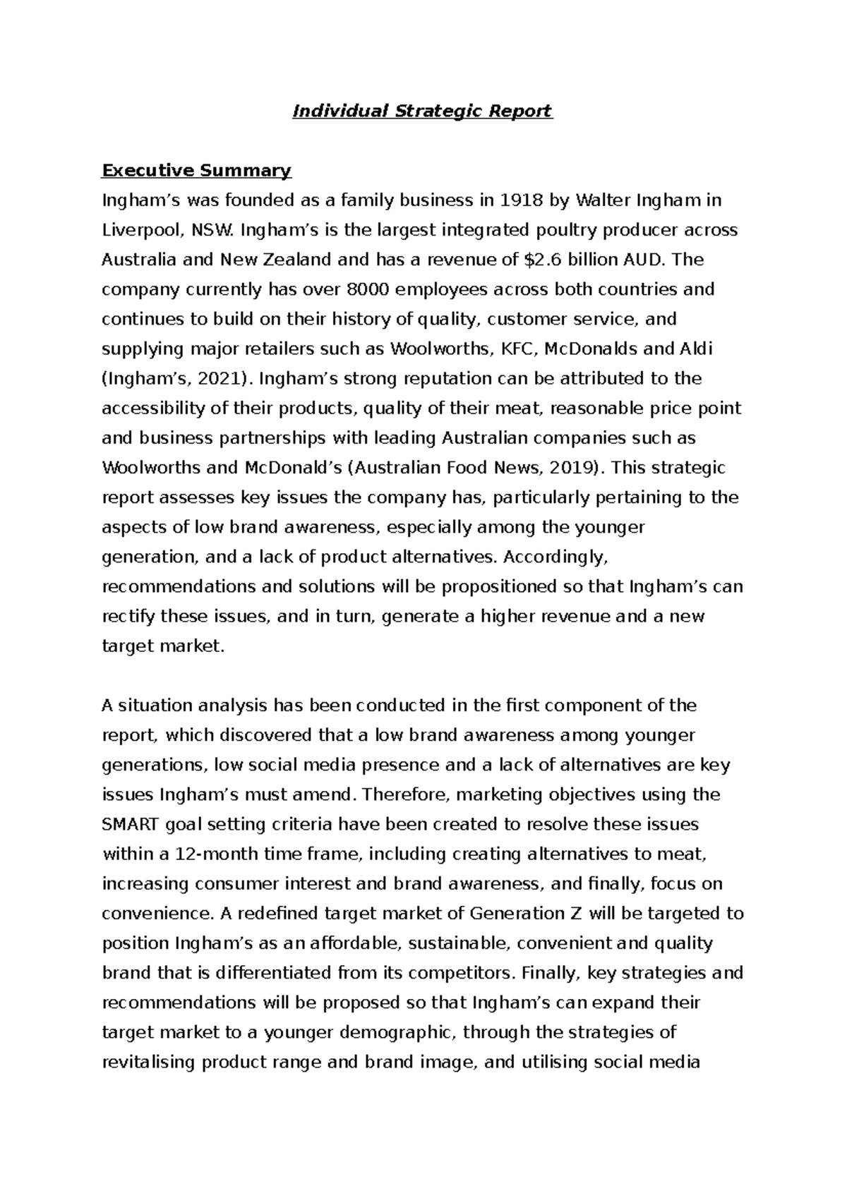 Individual Strategic Report APM Task 2 Inghams - Individual Strategic ...