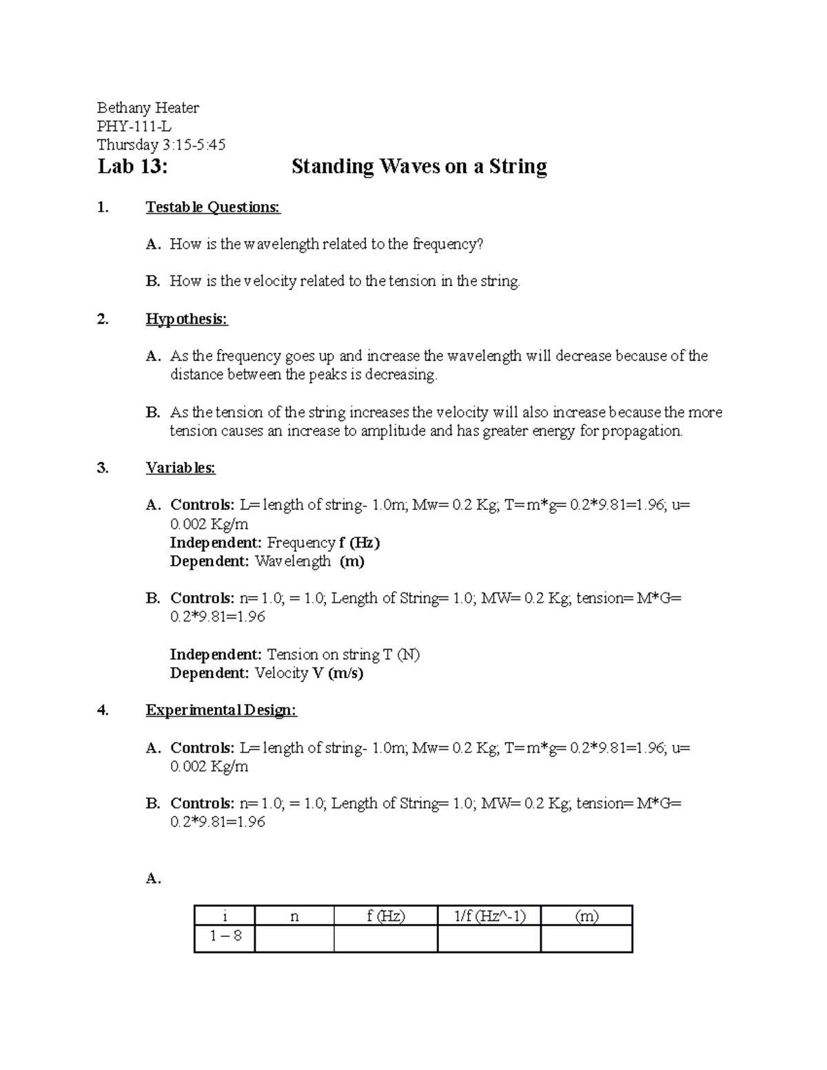 PHY111L Lab 13 Standing waves on a string 3 - Bethany Heater PHY-111-L ...