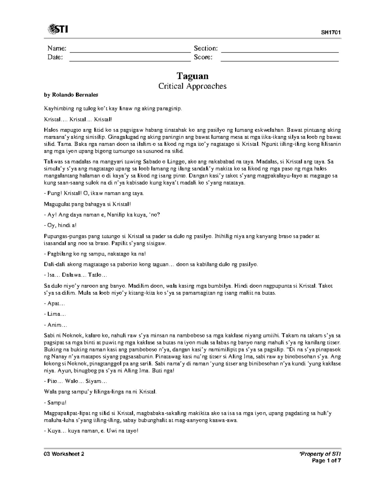 SH1701 - 21st Century Literature 03 Worksheet 2 - 03 Worksheet 2 ...