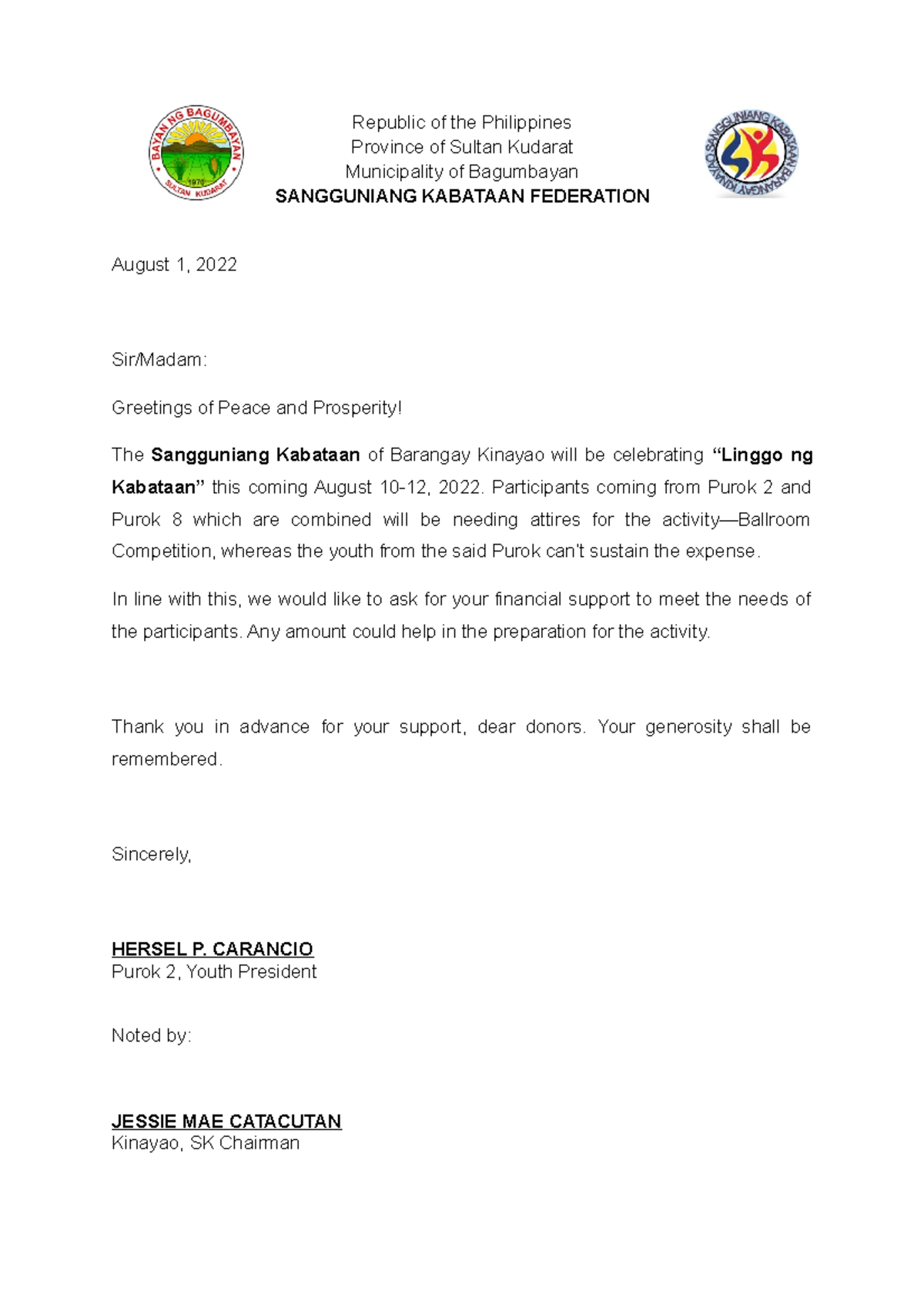 Solicitation Letter - lectures - Republic of the Philippines Province ...