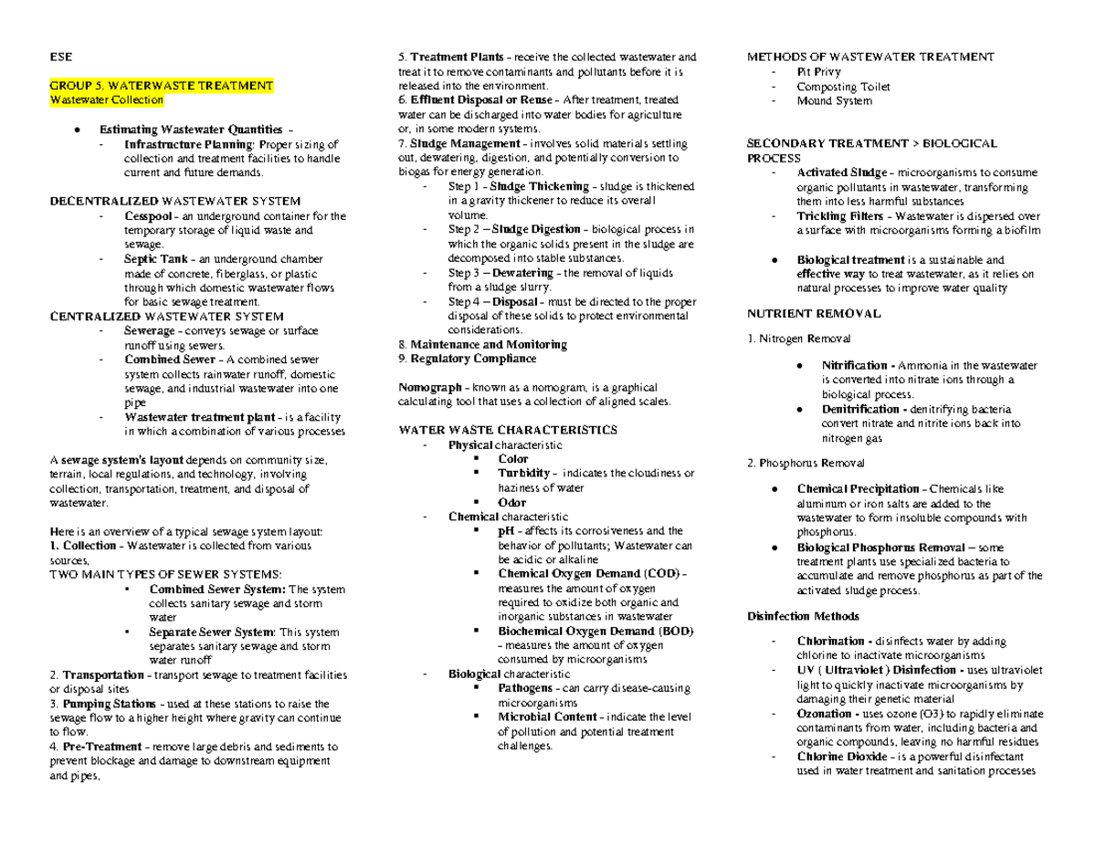 ESE-Reviewer - Reviewer - ESE GROUP 5. WATERWASTE TREATMENT Wastewater ...