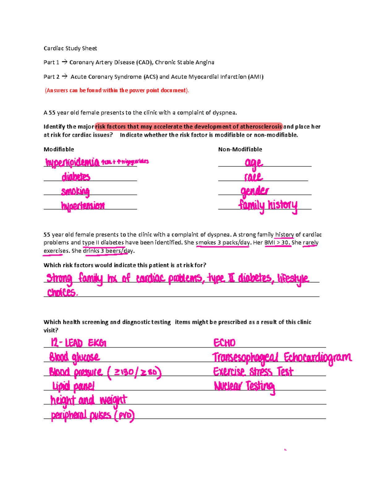 5. CAD ACS MI study sheet - Cardiac Study Sheet Part 1 → Coronary ...