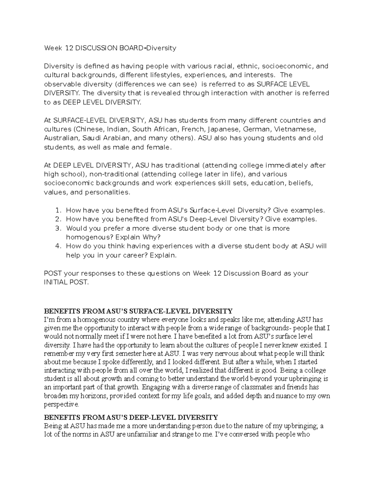 Week 11 DISCUSSION BOARD-Diversity - Week 12 DISCUSSION BOARD ...