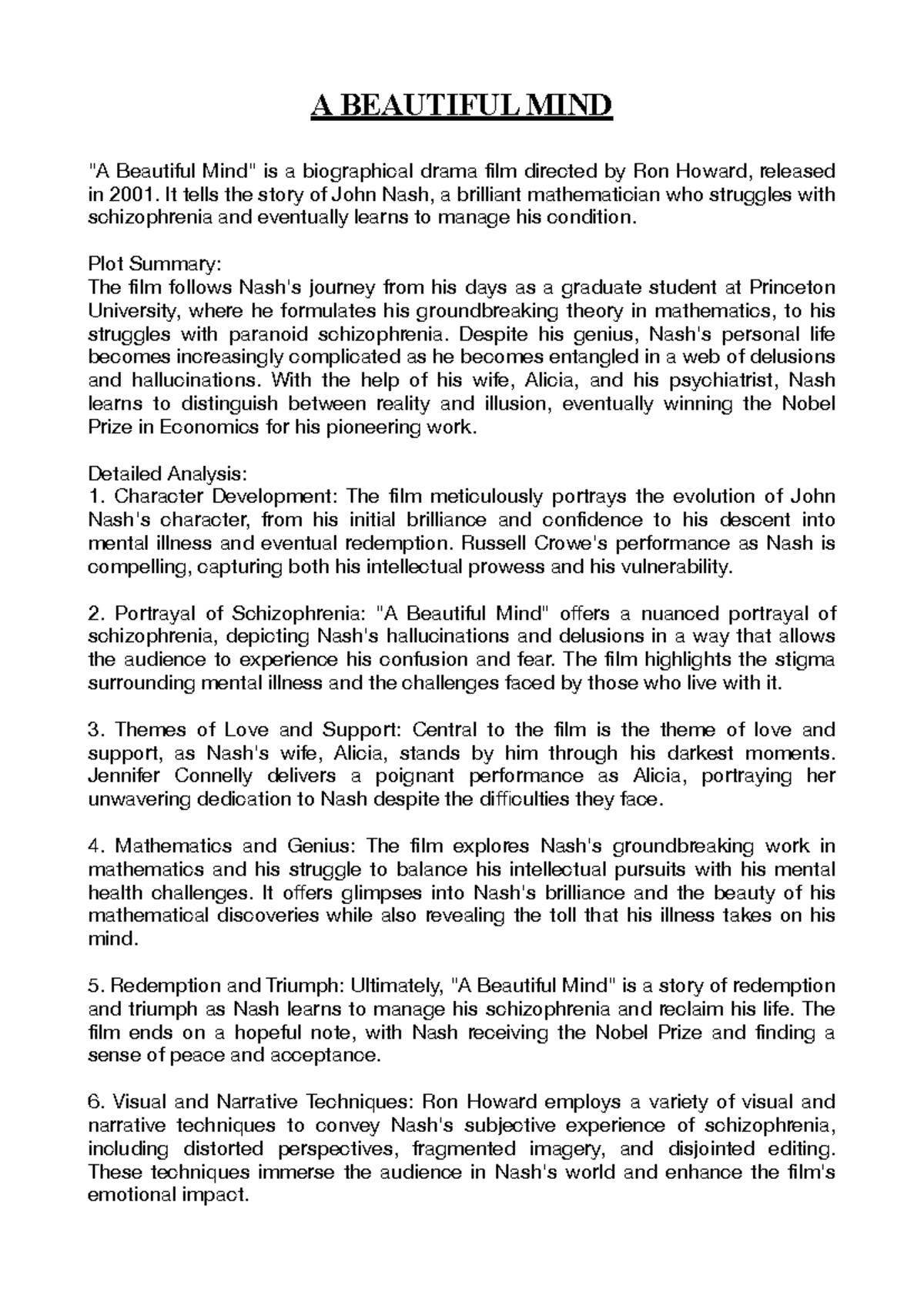 Psychology - Assignment - A BEAUTIFUL MIND "A Beautiful Mind" is a ...