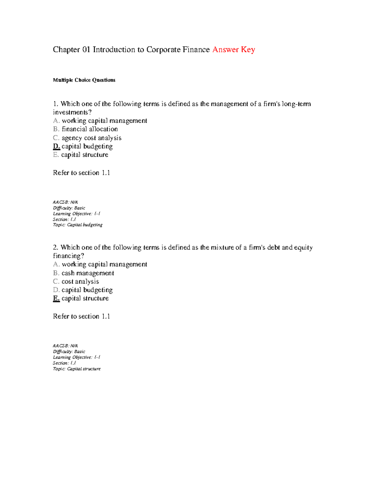 Fin analysis test bank ch1-3 - Chapter 01 Introduction to Corporate ...