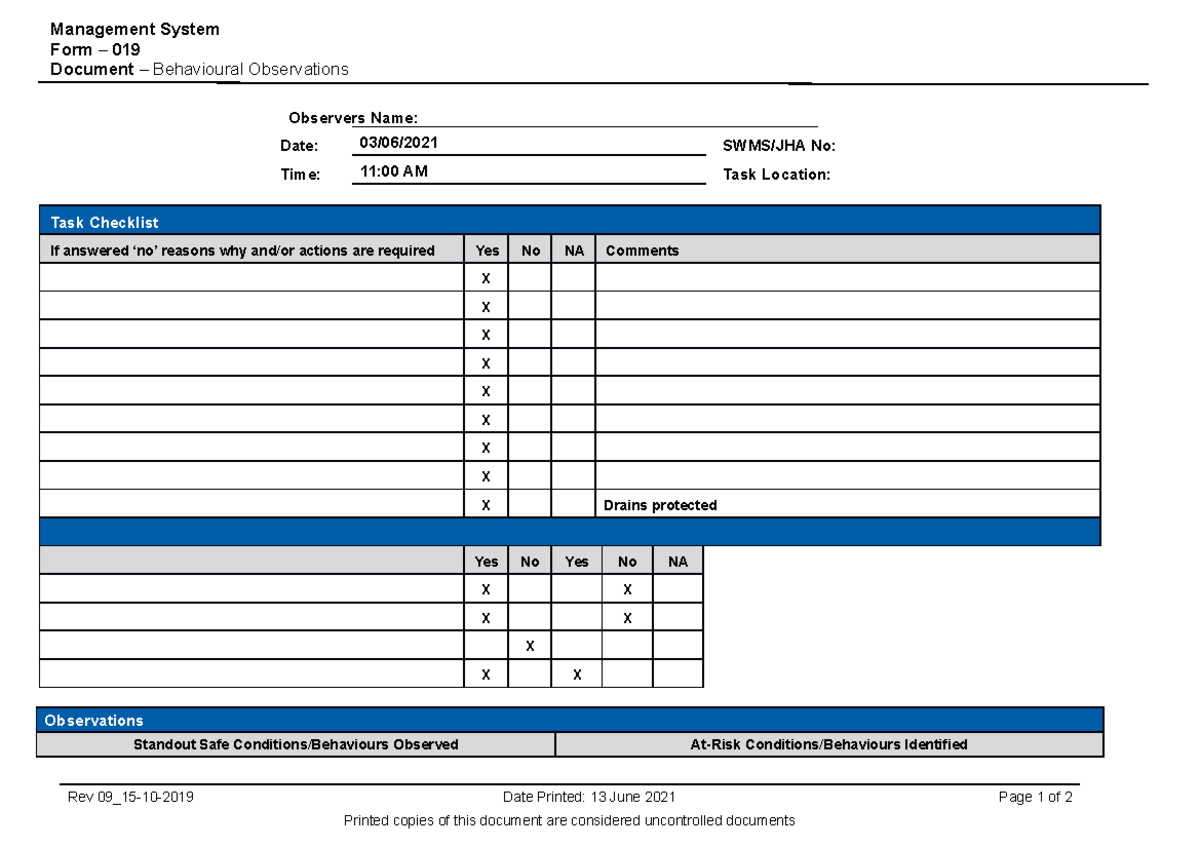 Ass1 - assesemtn1 observation - Management System Form – 019 Document ...