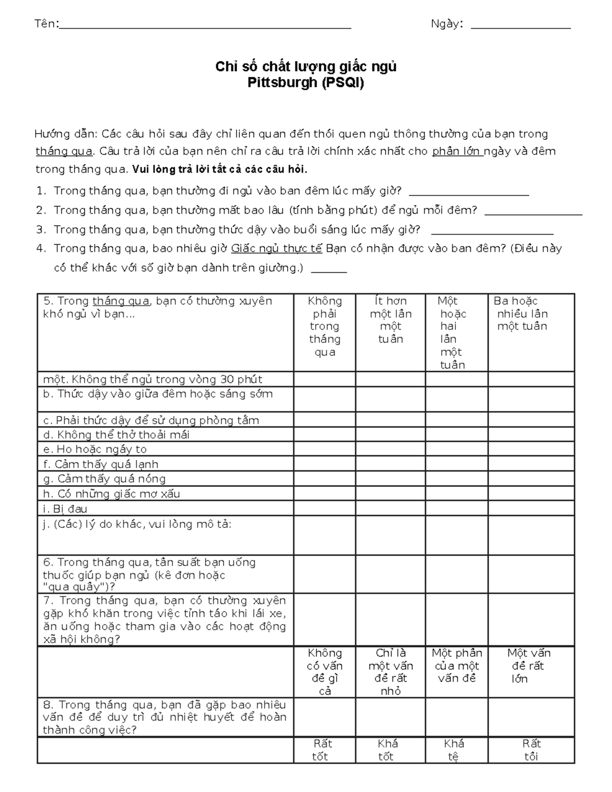 Bảng hỏi thang đo PSQI tiếng Việt - Tên: Ngày: Chỉ số chất lượng giấc ngủ Pittsburgh (PSQI ...