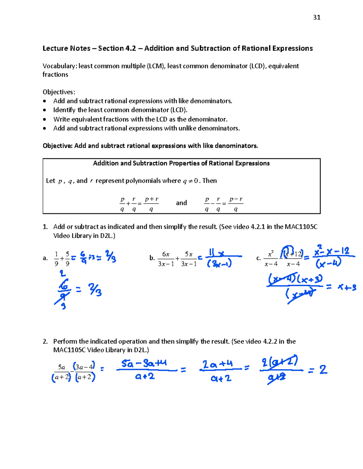 M1105c 4 2 Ln Addition And Subtraction Of Rational Expressions W Pg Nums Lecture Notes