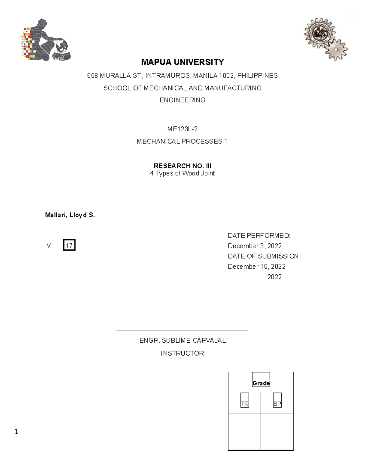 4 types of wood joint - SADADAS - TR SP Grade MAPUA UNIVERSITY 658 ...
