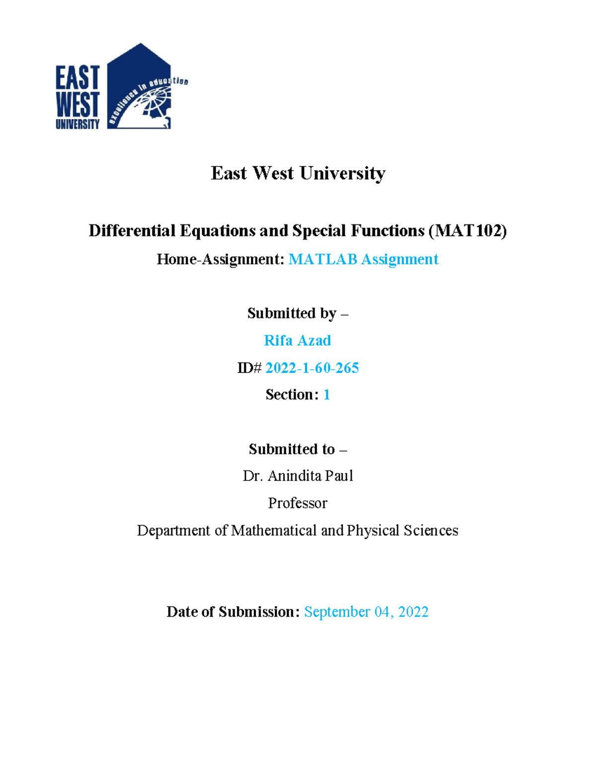 MAT102 Matlab - detail work - East West University Differential ...