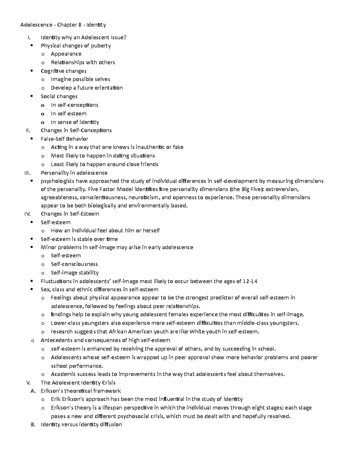 FCS 322 Chapter 8 outline - Adolescence - Chapter 8 - Identity I ...