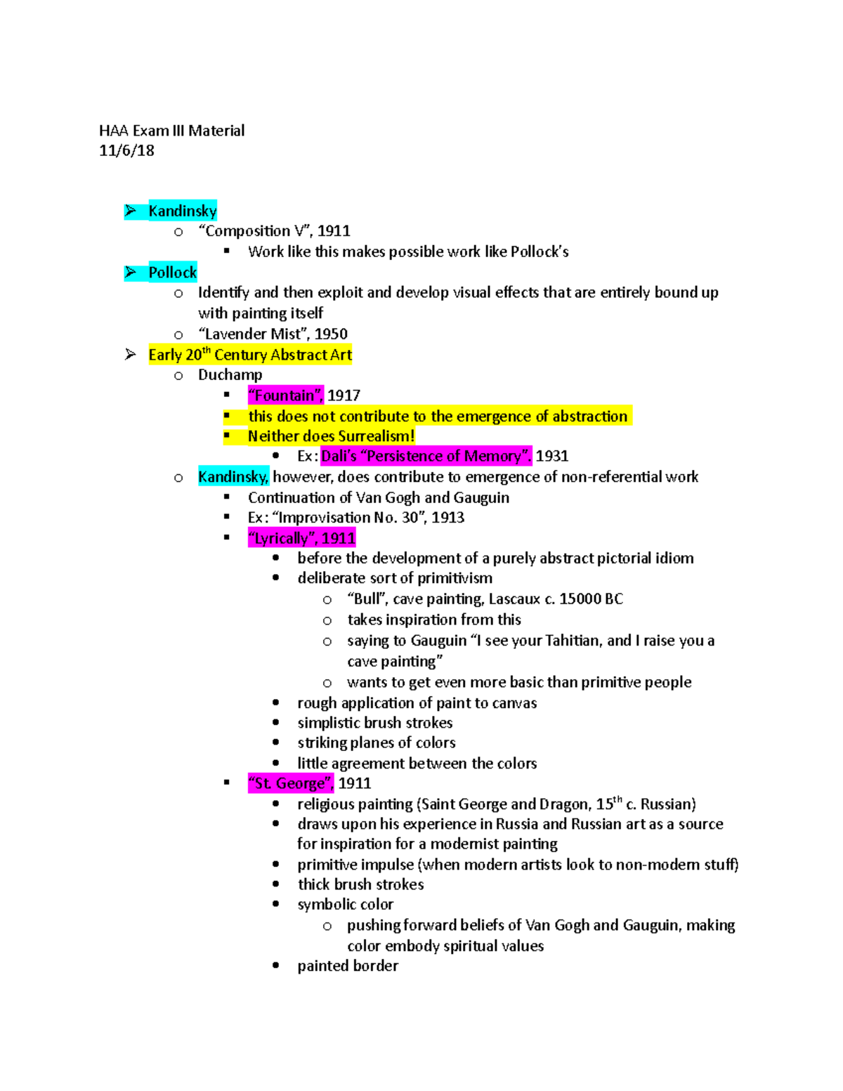 History of Modern Art Class Notes for Exam 3 - HAA Exam III Material 11 ...