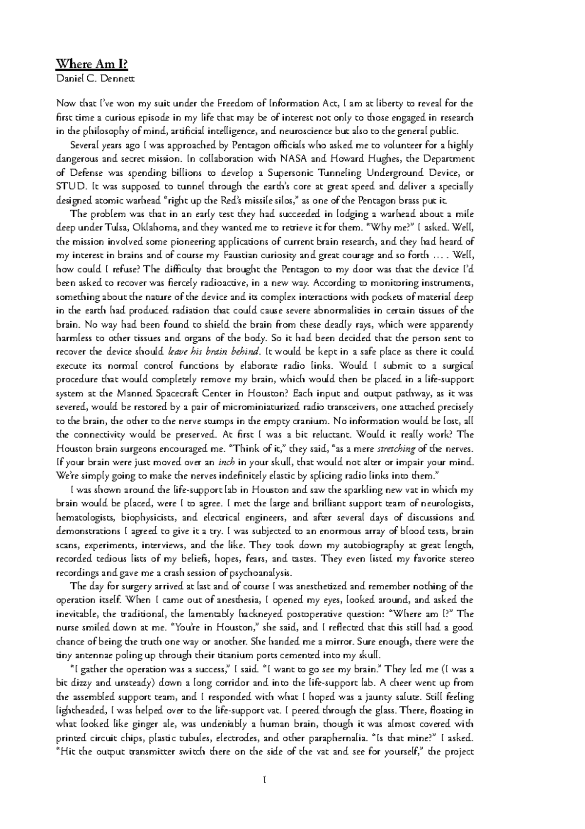Dennett-Where Am I - Reading that correlates to personal identity ...