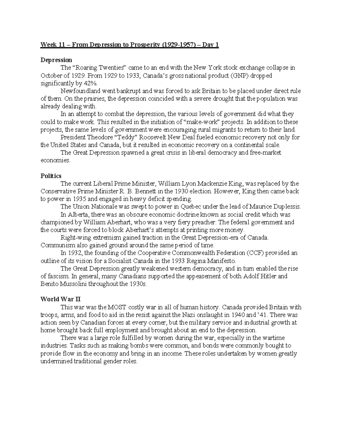 From Depression to Prosperity (1929-1957) – Part 1 Summary - Week 11 ...