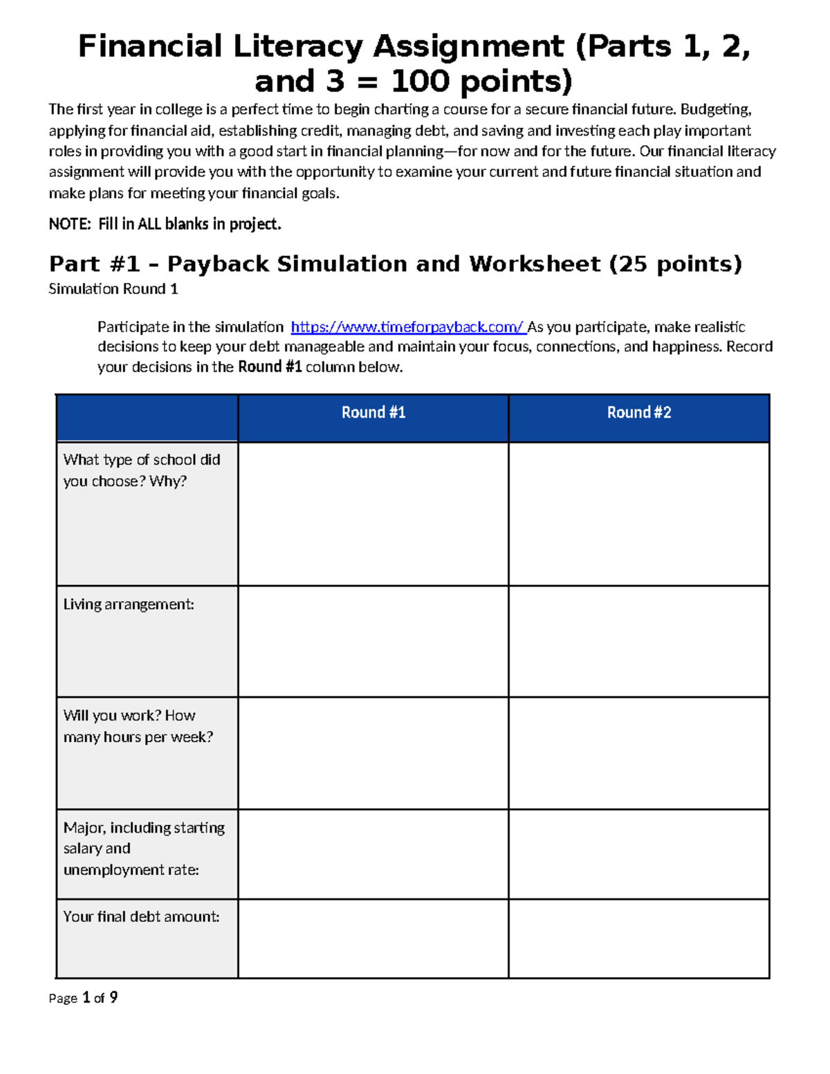 Financial Literacy Assignment 1 - Budgeting, applying for financial aid ...