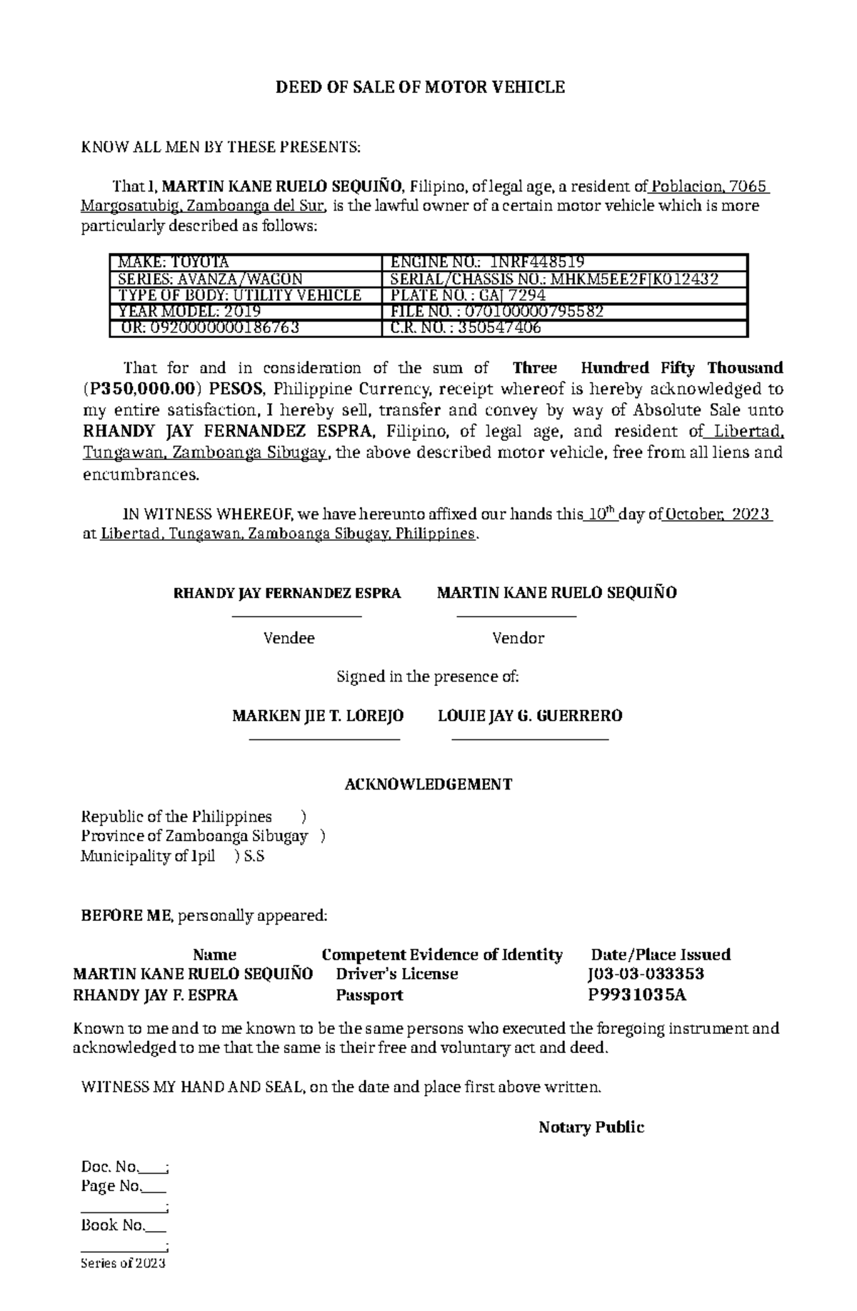 DOS Motor Vehicle - DEED OF SALE OF MOTOR VEHICLE KNOW ALL MEN BY THESE ...