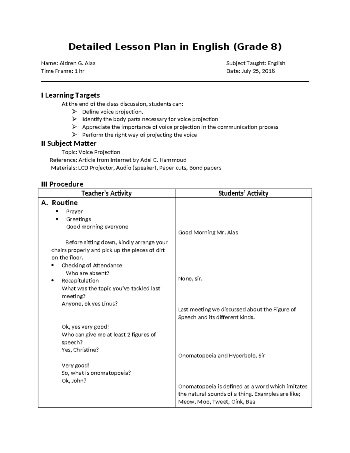 Detailed Lesson Plan in English Grade 8 - Alas Subject Taught: English ...