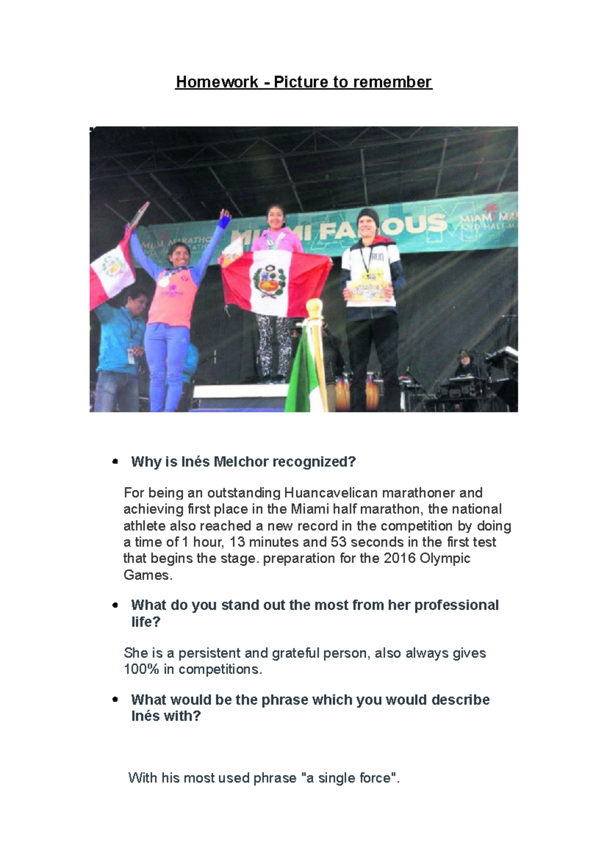 Homework - preparation for the 2016 Olympic Games. What do you stand ...