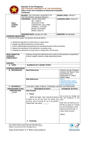 COT EPP 4 Q2 W8 - GRADE 1 DAILY LESSON PLAN School Grade Level Unang Baitang Teacher Learning ...