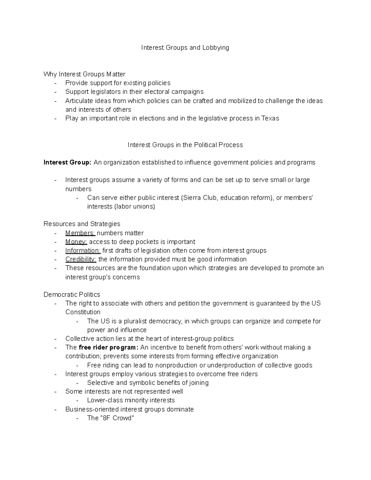 GOVT 2306 Chapter 6 Notes - Interest Groups and Lobbying Why Interest ...
