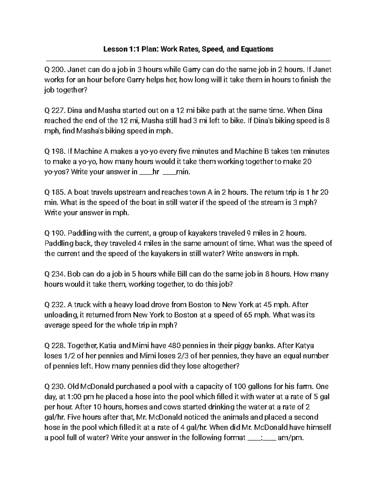 Pre-Algebra 1 1 - Work Rates, Speed, and Equations - Lesson 1:1 Plan ...