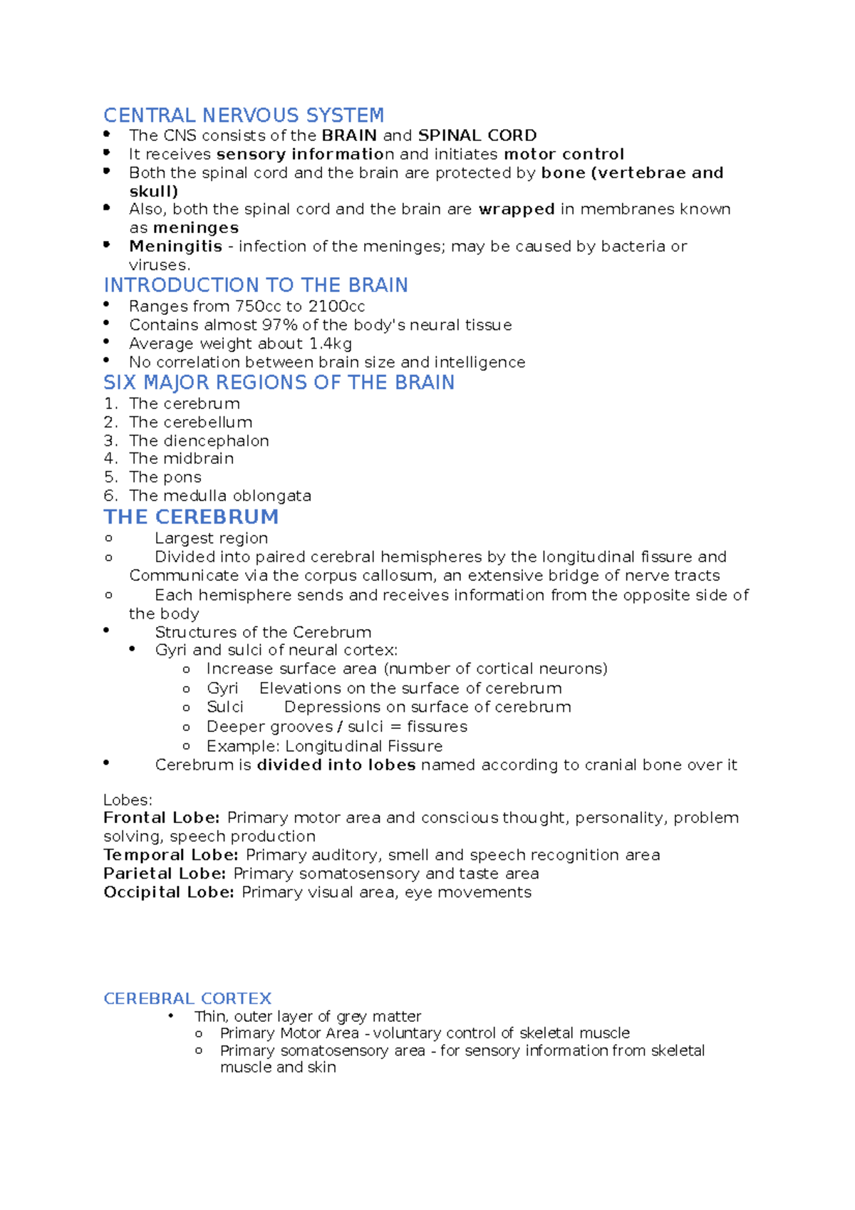 Notes - Central Nervous System - CENTRAL NERVOUS SYSTEM The CNS ...