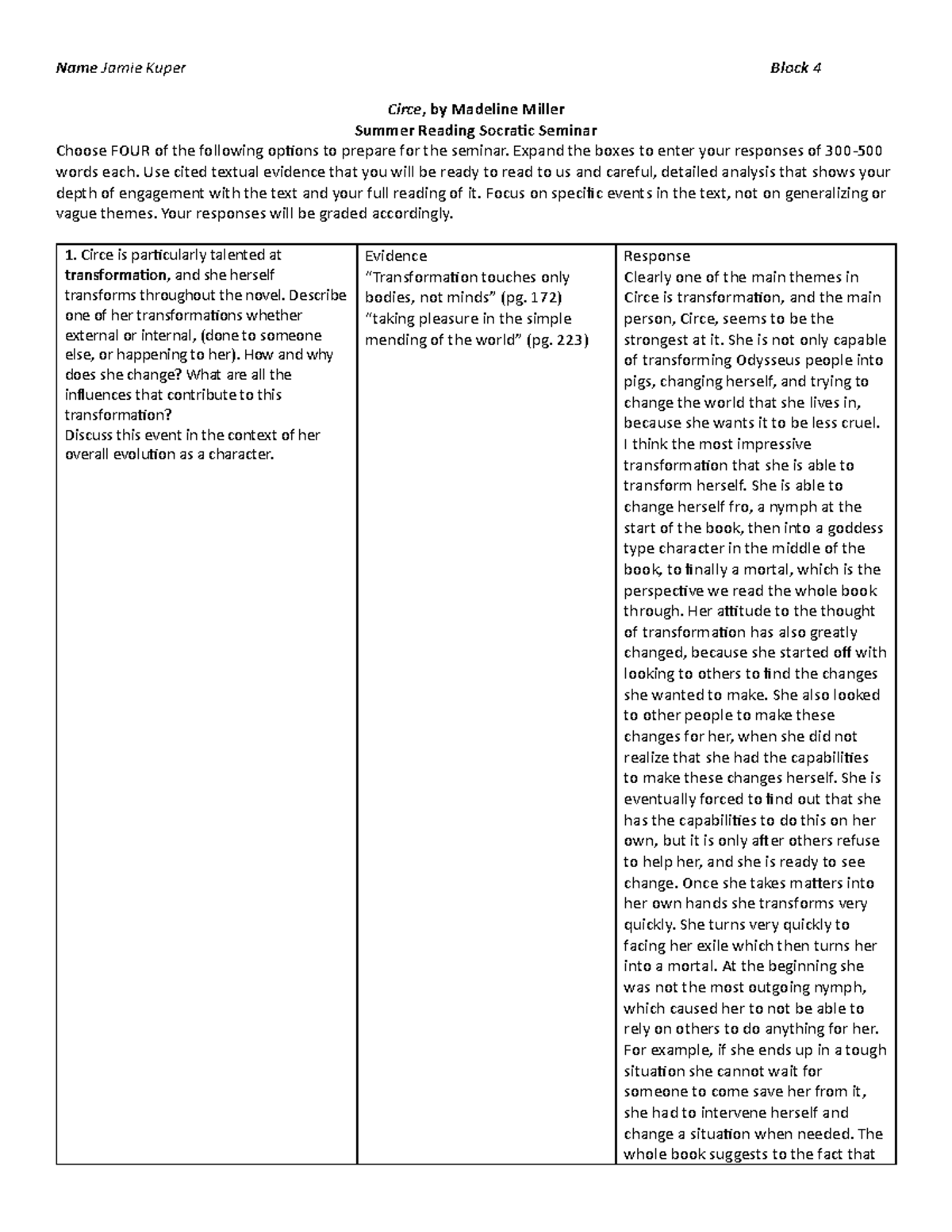 Circe Socratic Seminar - Name Jamie Kuper Block 4 Circe, by Madeline ...