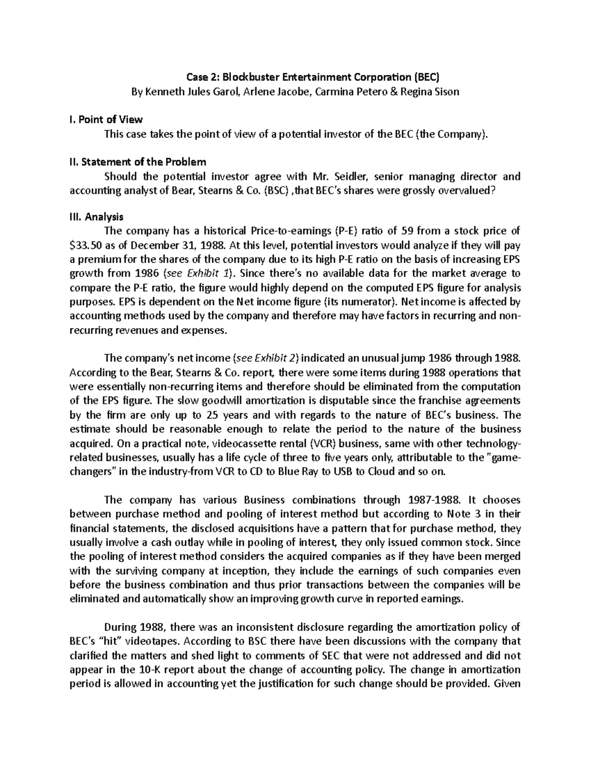 Written Report Case 2 - Case 2: Blockbuster Entertainment Corporation ...