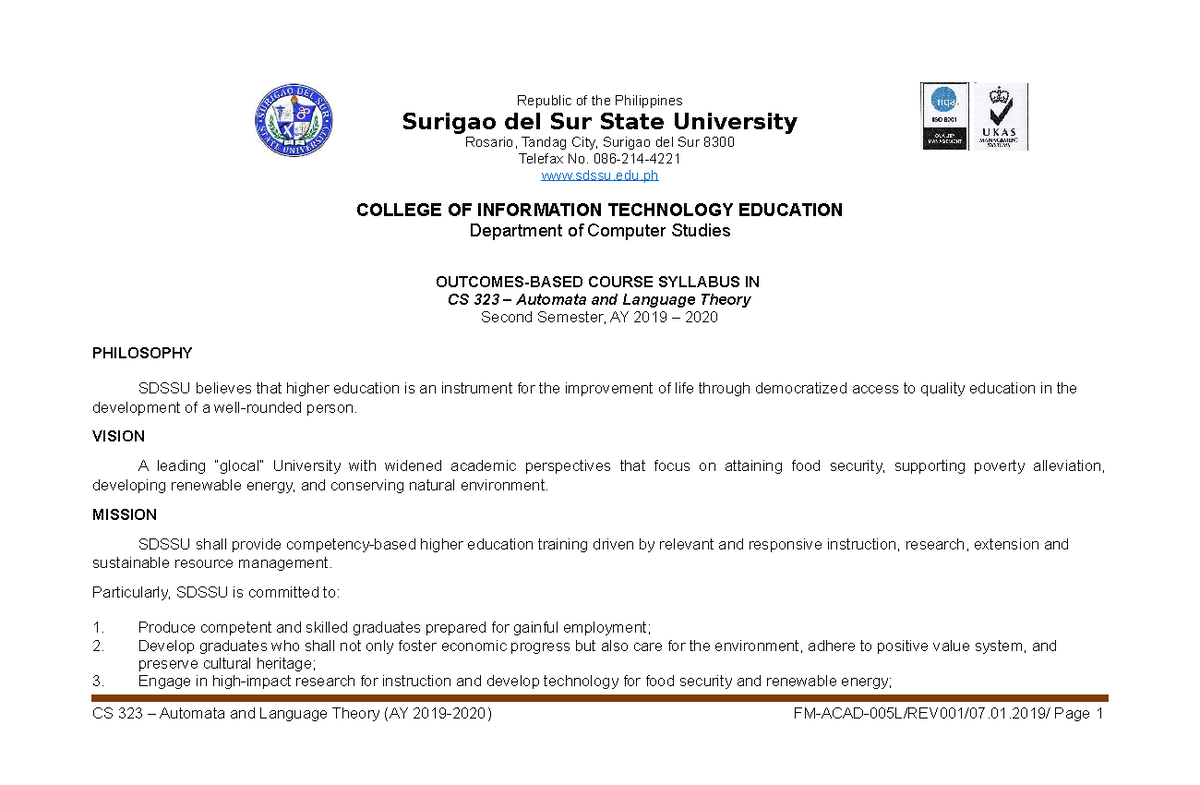CS 323 Automata and Language Theory - Republic of the Philippines ...
