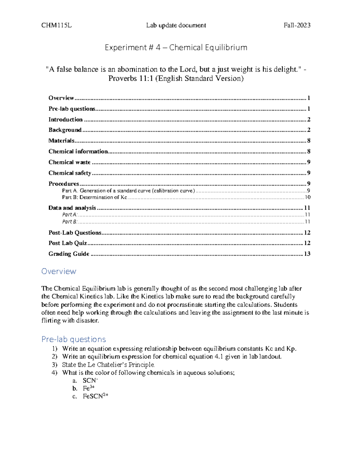 CHM115L FA23 Update Chemical Equilibrium - Experiment # 4 – Chemical Equilibrium "A false - Studocu