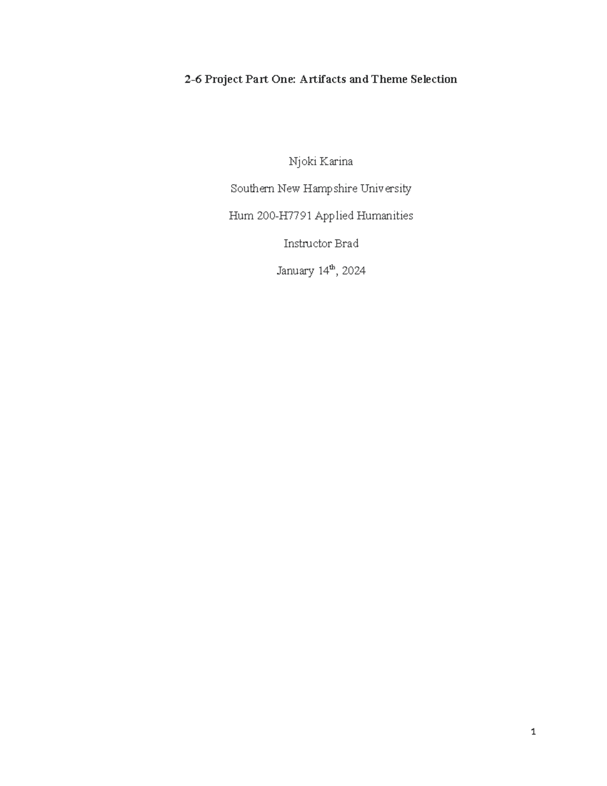 2-6 Project One-Artifacts and Theme Selection-Hum 200-1 - 2-6 Project Part One: Artifacts and ...