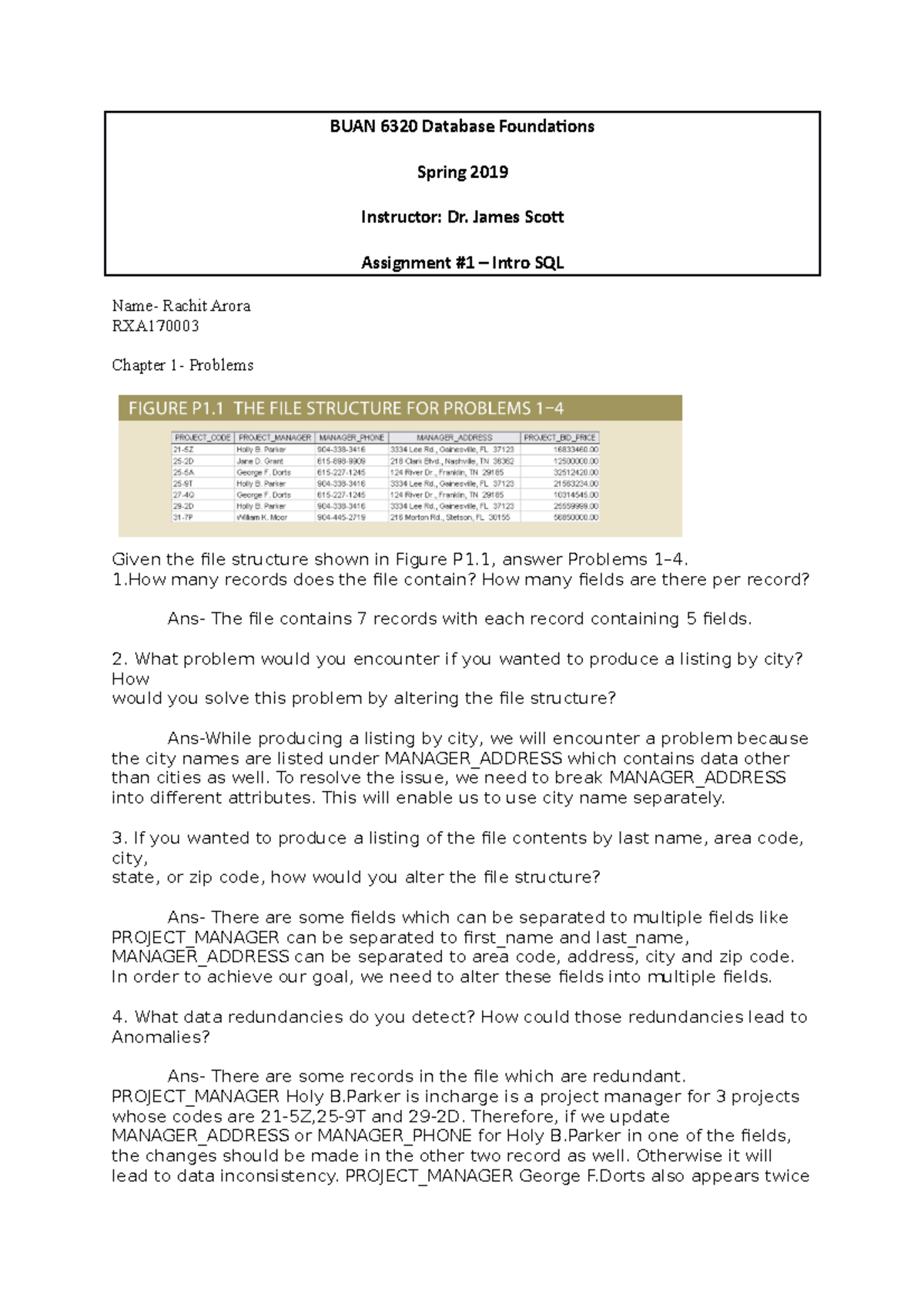 Assignment 1 cover@dbf - BUAN 6320 Database Foundations Spring 2019 Instructor: Dr. James Scot ...