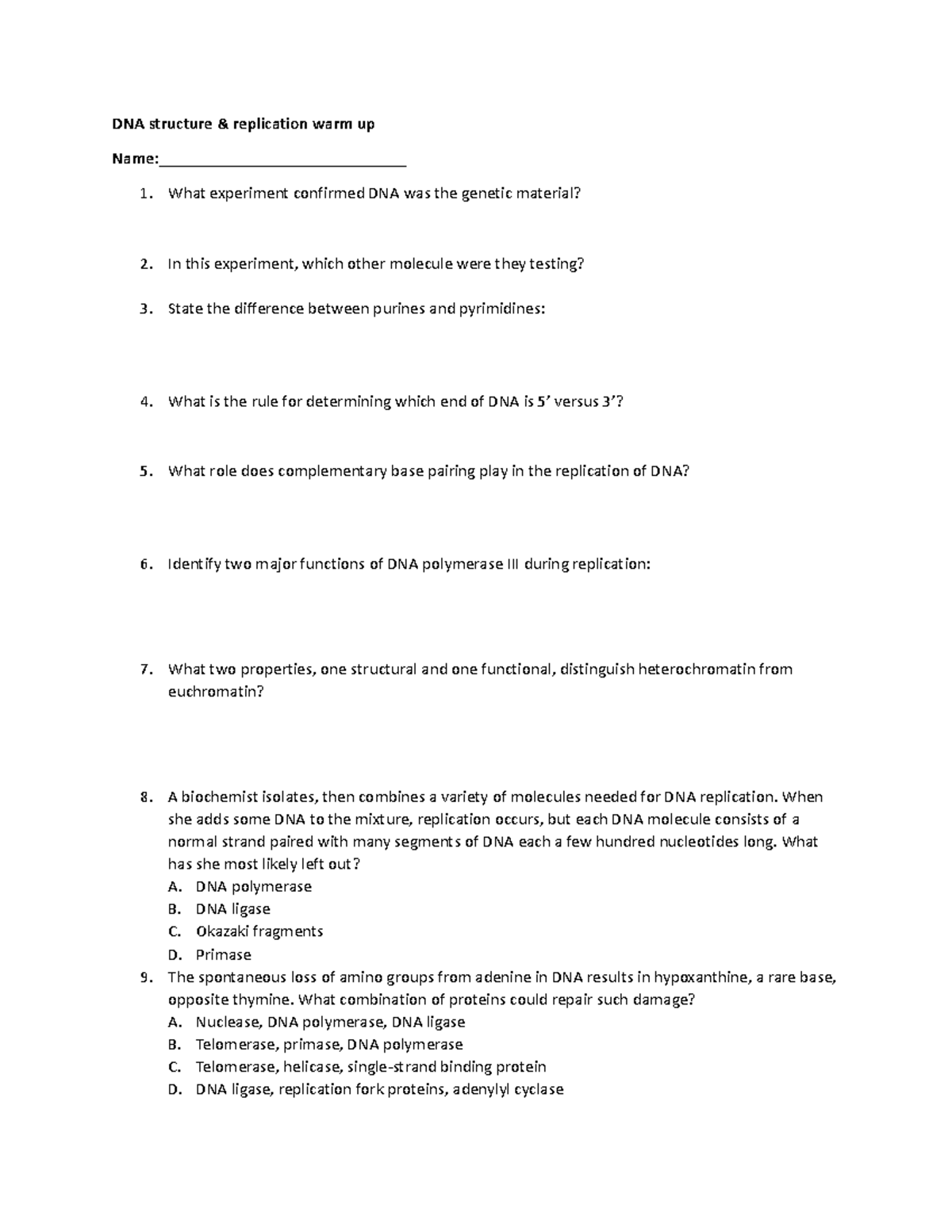 DNA structure warm up - warm up - DNA structure & replication warm up ...