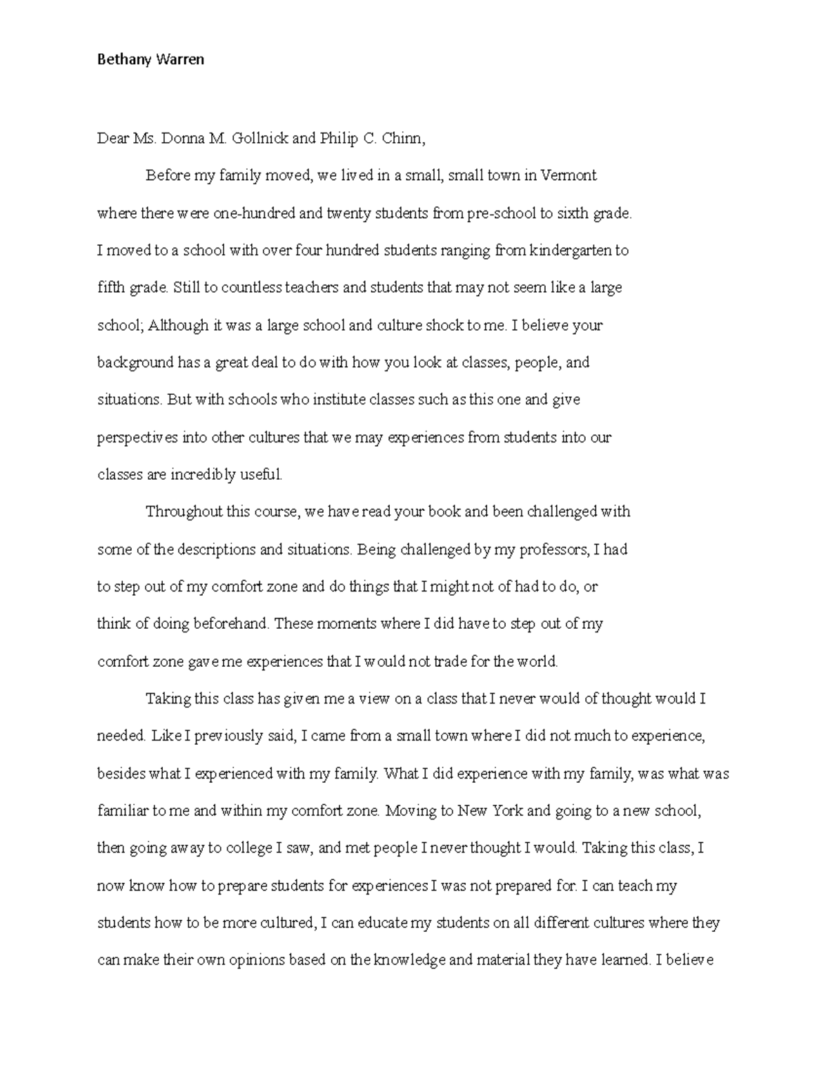 Letter to the Author - Bethany Warren Dear Ms. Donna M. Gollnick and ...